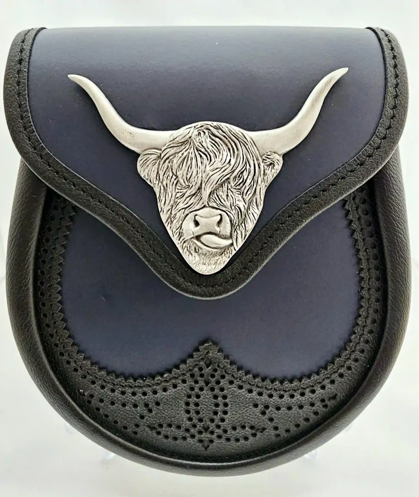 Blue Leather Day Sporran with a Highland Coo - Kiltpin Scotland